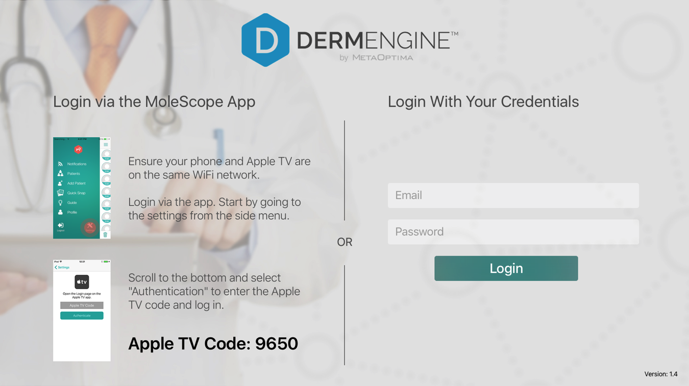 How do I login to DermEngine on my Apple TV App?